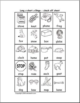 Long and Short O Vowel Sounds – checklist Bingo – Abcteach