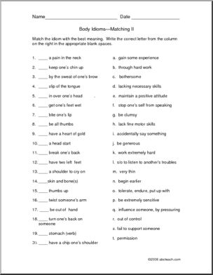 Matching: Body Idioms II (ESL) – Abcteach