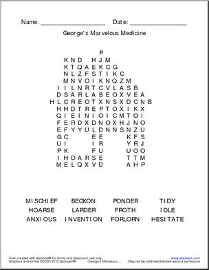 Word Search: George’s Marvelous Medicine (easy) – Abcteach