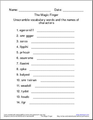 Word Unscramble: The Magic Finger (hard) (upper elem/middle) – Abcteach