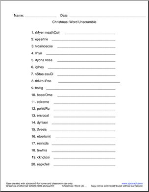 Unscramble the Words: Christmas (elem) – Abcteach