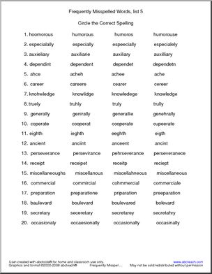 Frequently Misspelled Words (list 5) Circle and Spell – Abcteach