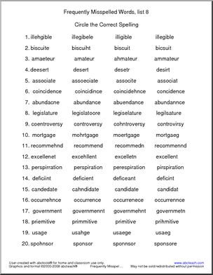 Frequently Misspelled Words (list 8) Circle and Spell – Abcteach