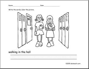 Coloring Page: Write and Color “walking in the hall” (ESL) – Abcteach