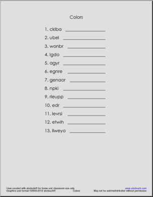 Colors: Unscramble Words – Abcteach