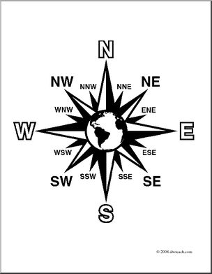 Clip Art: Map Elements: Compass 2 (coloring page) – Abcteach