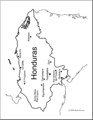 Clip Art: Honduras Map (coloring page) Labeled 1 – Abcteach