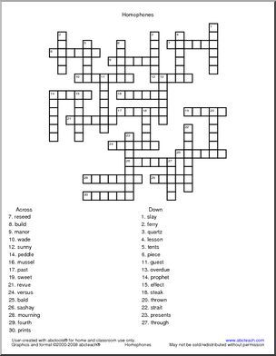 Homophones Crossword – Abcteach