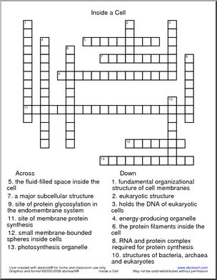 Crossword: Inside a Cell – Abcteach