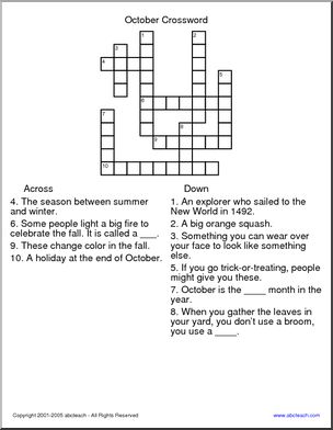 Crossword: October (elementary) – Abcteach