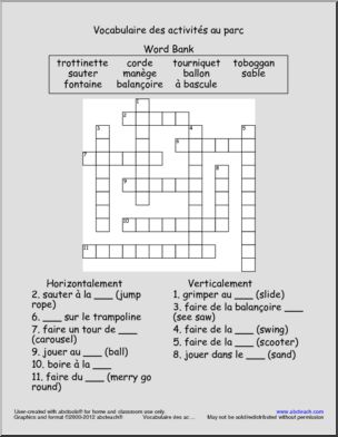 French: Crossword: Park Vocabulary (Tuileries) – Abcteach