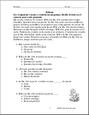 Spanish: ComprensiÃ›n de lectura – “Un picnic” (elementaria) – Abcteach