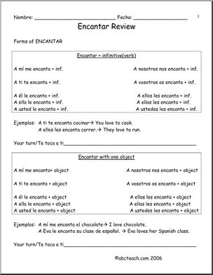 Spanish: Spanish 1 Ã± ExplicaciÃ›n de “encantar”. (secundaria). – Abcteach