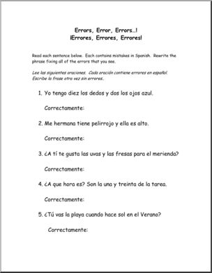 Spanish: Spanish 1 y 2 – Corrije los errores.(secundaria) – Abcteach