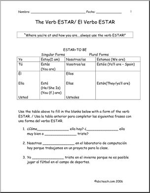 Spanish: Spanish 1 – PrÂ·ctica del verbo “Estar” 1. (Secundaria) – Abcteach