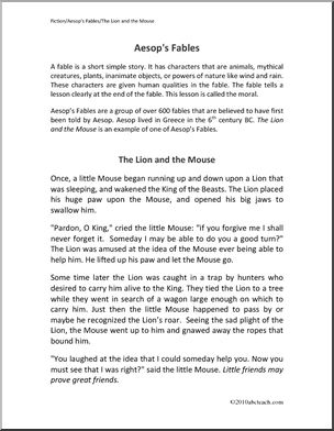 Fiction: Aesop’s Fable The Lion and the Mouse (elem) – Abcteach