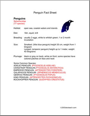 Fact Sheet: Penguins – Abcteach