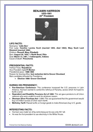 Fact Card: 23rd President – Benjamin Harrison – Abcteach