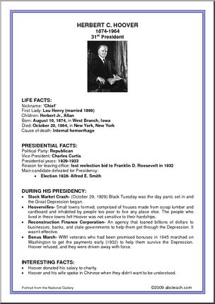 Fact Card: 31st President – Herbert Hoover – Abcteach