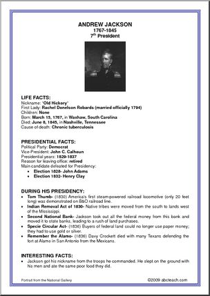 Fact Card: 7th President – Andrew Jackson – Abcteach