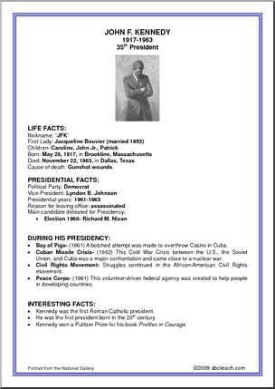 Fact Card: 35th President – John Kennedy – Abcteach