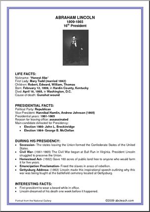 Fact Card: 16th President – Abraham Lincoln – Abcteach