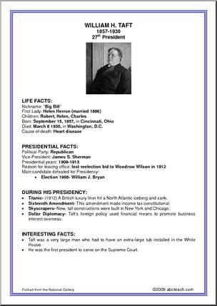Fact Card: 27th President – William Taft – Abcteach