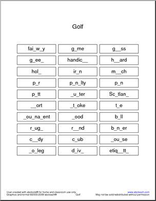 Golf Vocabulary Missing Letters – Abcteach