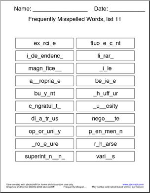 Frequently Misspelled Words (list 11) Missing Letters – Abcteach