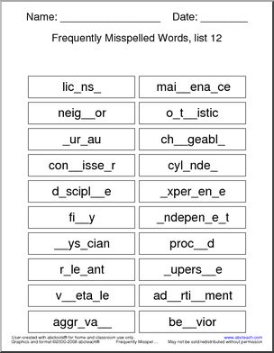 Frequently Misspelled Words (list 12) Missing Letters – Abcteach
