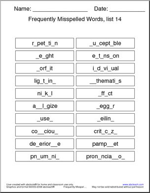 Frequently Misspelled Words (list 14) Missing Letters – Abcteach