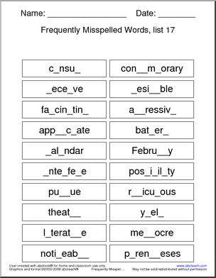 Frequently Misspelled Words (list 17) Missing Letters – Abcteach