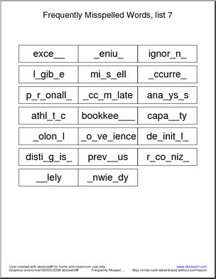 Frequently Misspelled Words (list 7) Missing Letters – Abcteach