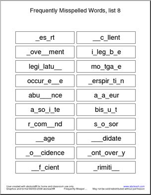 Frequently Misspelled Words (list 3) Spelling Set – Abcteach