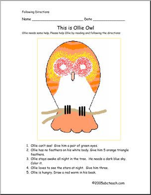 Ollie Owl (primary) Following Directions – Abcteach