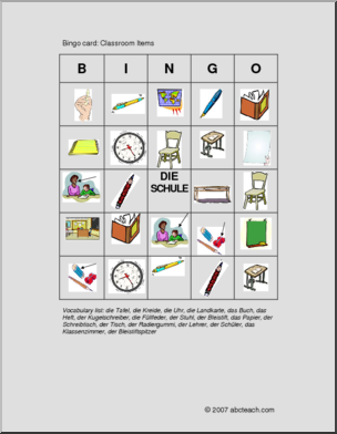 German: Bingo – Classroom Items – Abcteach