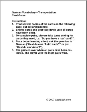 German: Card Game – Transportation – Abcteach