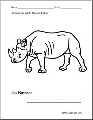 German: Color and Write – Rhinoceros – Abcteach