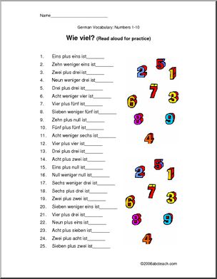 German: Addition to 10 (in words) – Abcteach