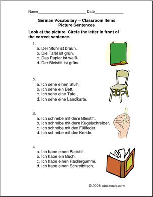 German: Picture Sentences – Classroom Items – Abcteach