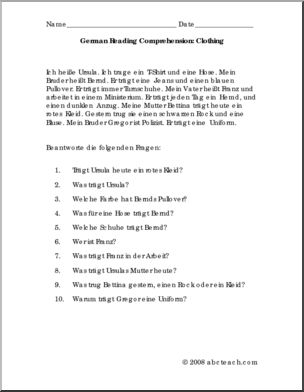 German Reading Comprehension – Abcteach