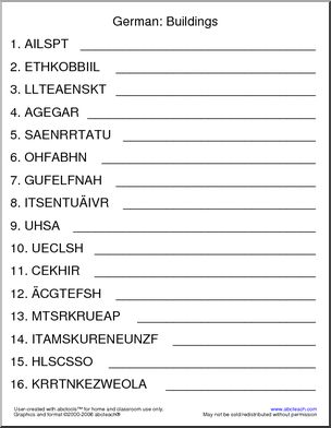 German: Unscramble the Words – Buildings – Abcteach