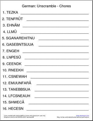 German: Card Game – Chores – Abcteach