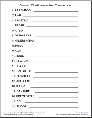 German: Unscramble the Words – Transportation – Abcteach