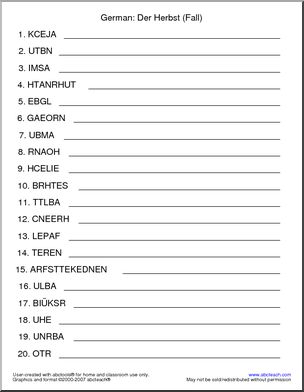 German: Unscramble the Words – Senses – Abcteach