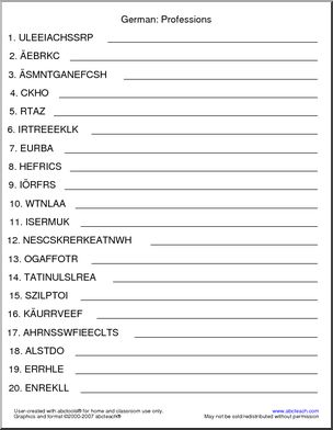 German: Unscramble the Words – Professions – Abcteach