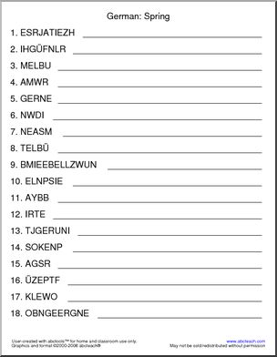 German: Unscramble the Words – Spring – Abcteach