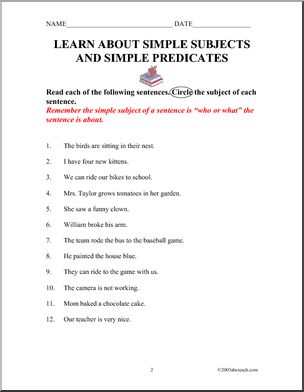 Grammar: Simple Subjects and Simple Predicates – Abcteach