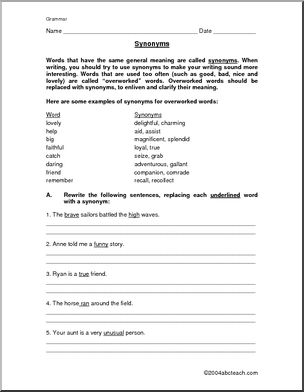 Synonyms Worksheet – Abcteach