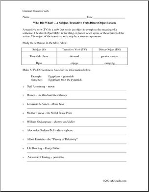 Transitive Verbs Worksheet – Abcteach